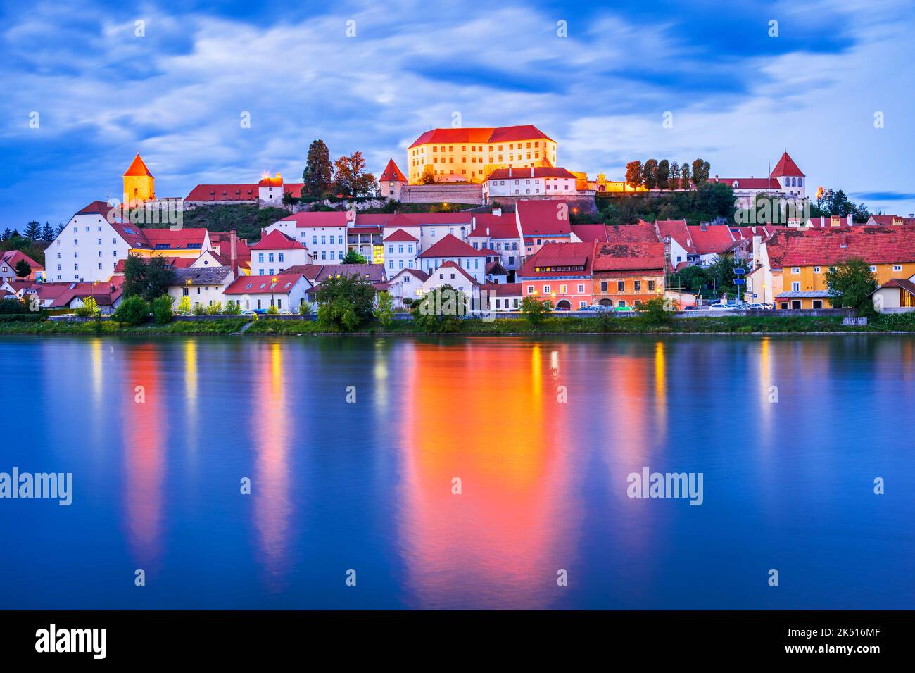 Ptuj, Slovenia. Night scene with beautiful ancient oldest slovene town ...