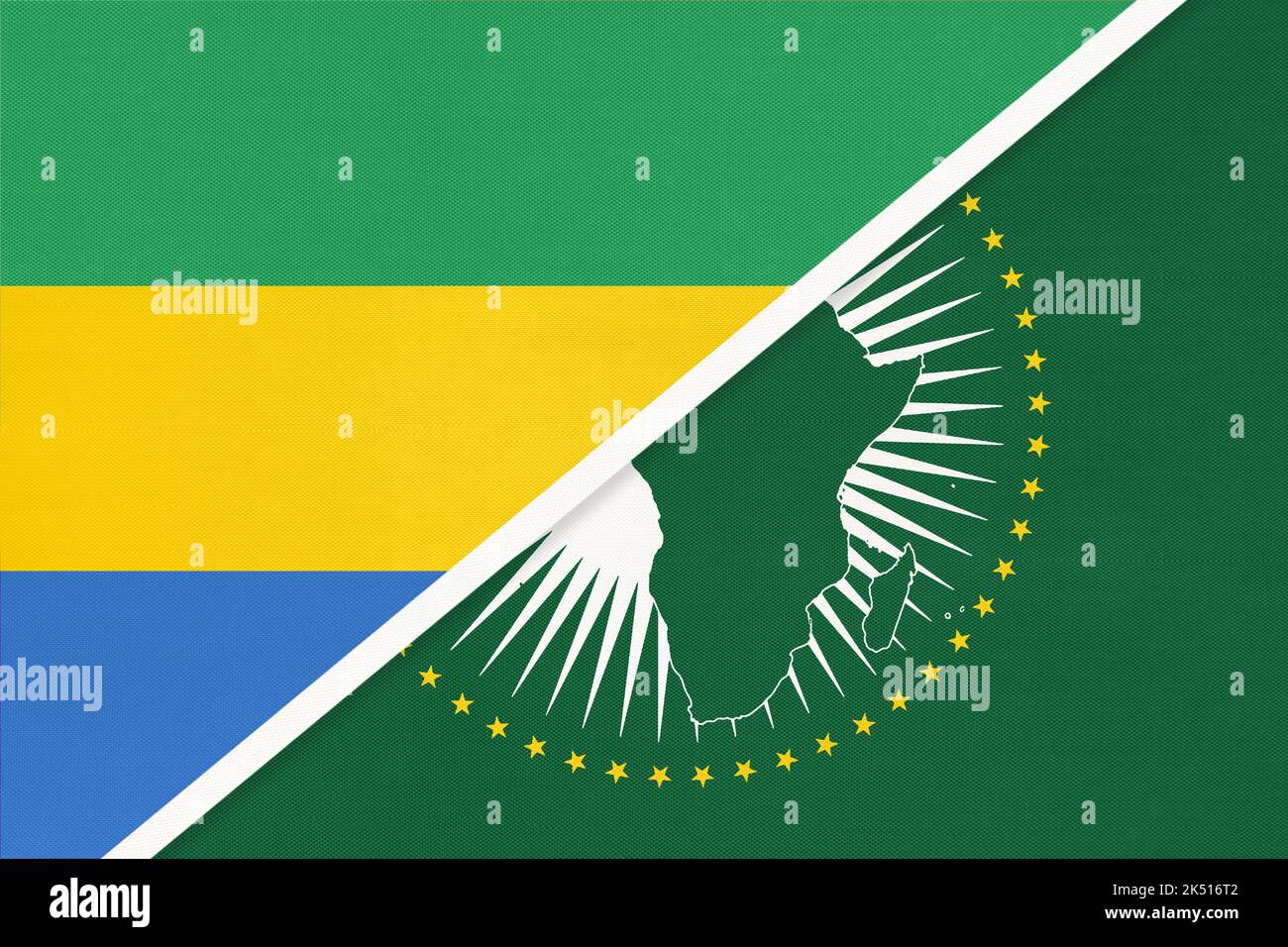 African Union and Gabon national flag from textile. Africa continent vs ...