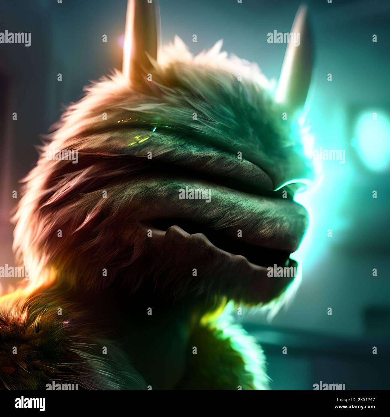 Portrait of a scary and cute furry alien pet outa space. Light is ...