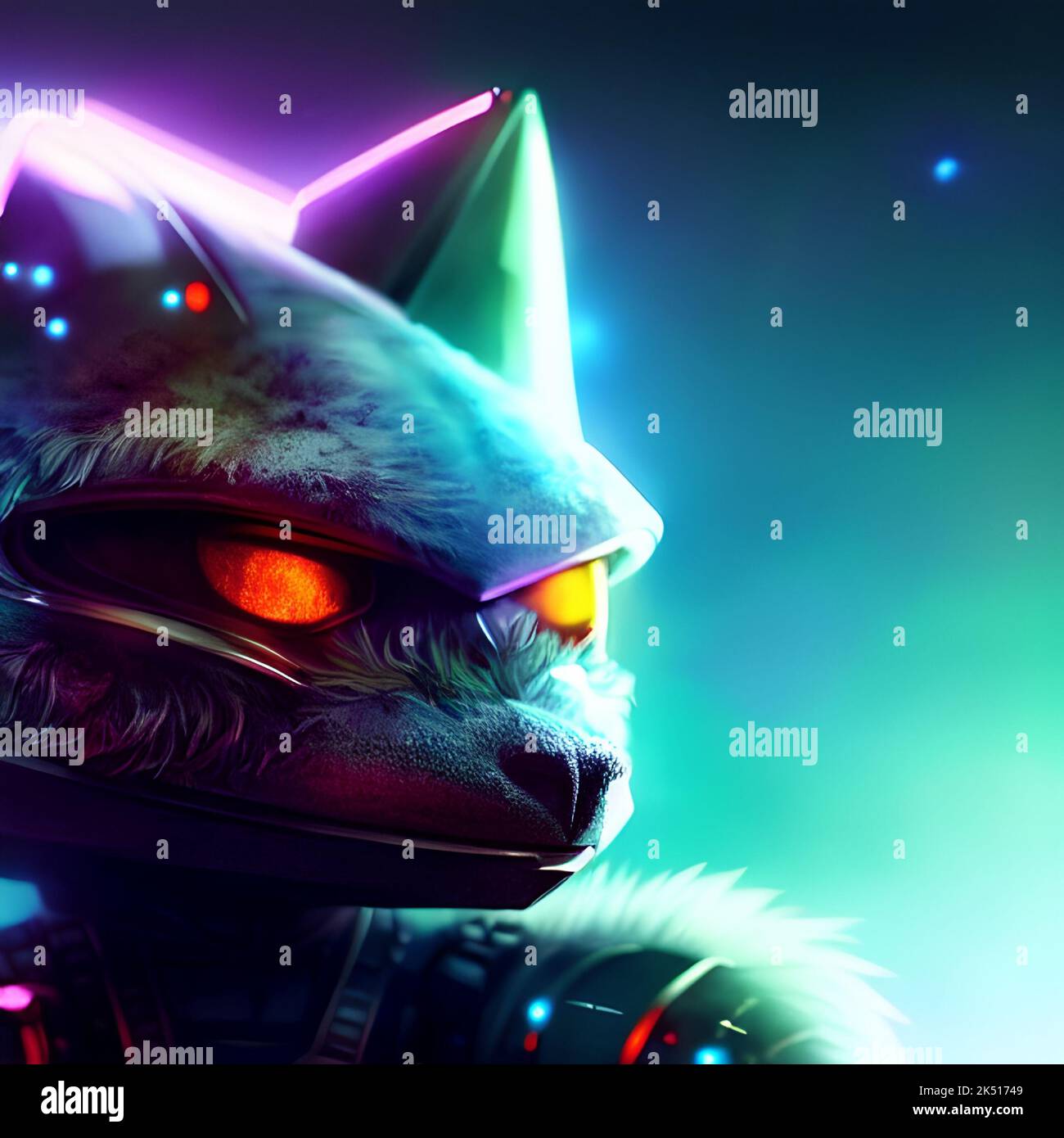 Portrait of a scary and cute furry alien pet outa space. Light is ...