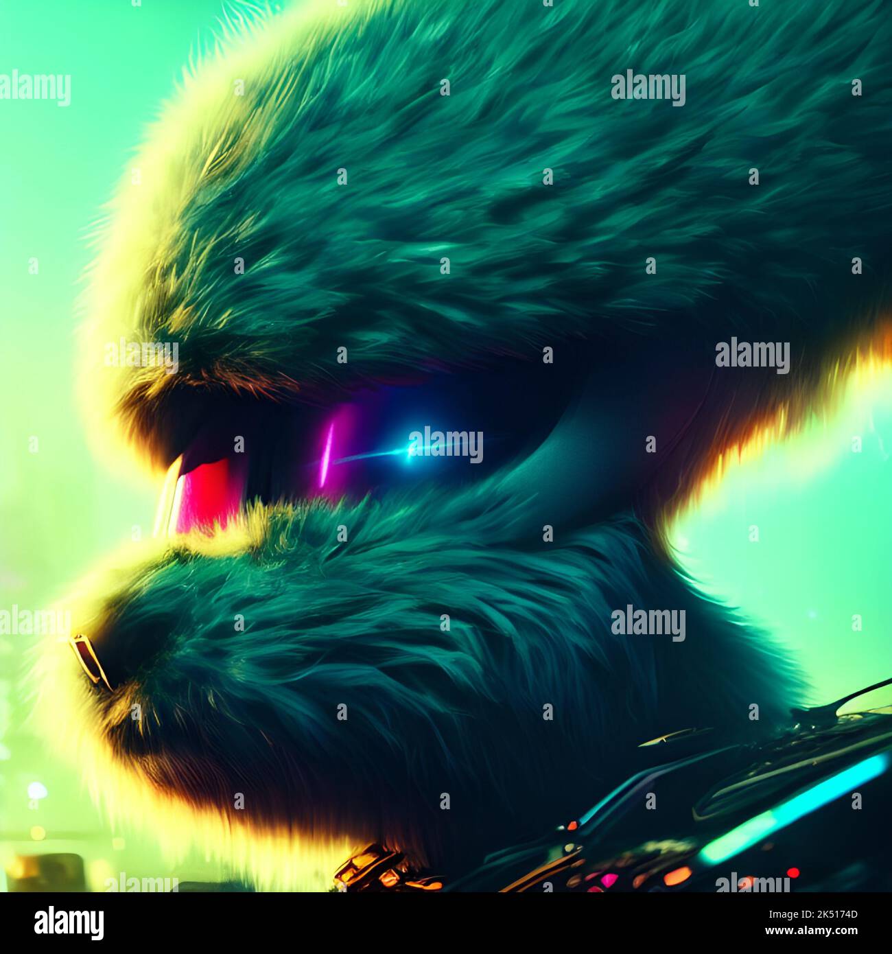 Portrait of a scary and cute furry alien pet outa space. Light is ...