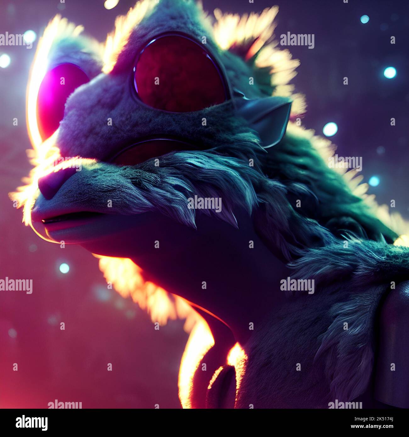 Portrait of a scary and cute furry alien pet outa space. Light is ...