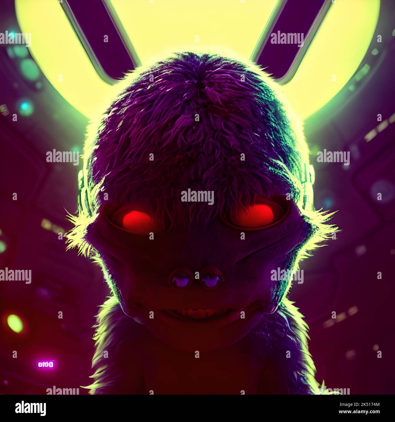 Portrait of a scary and cute furry alien pet outa space. Light is ...