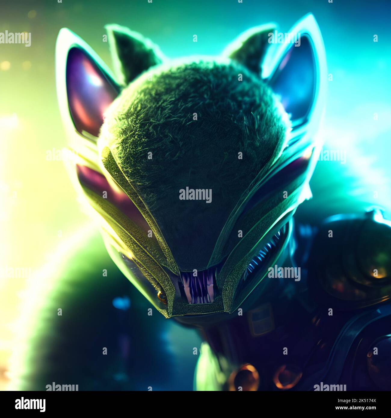 Portrait of a scary and cute furry alien pet outa space. Light is ...