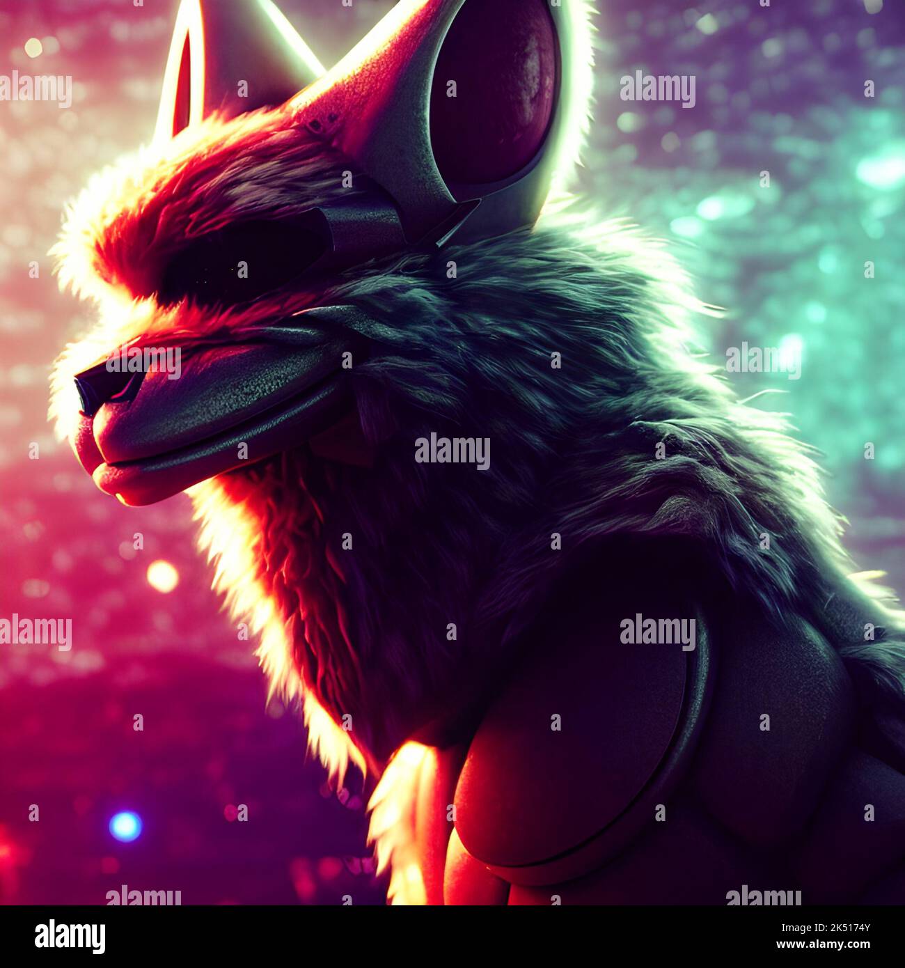 Portrait of a scary and cute furry alien pet outa space. Light is ...