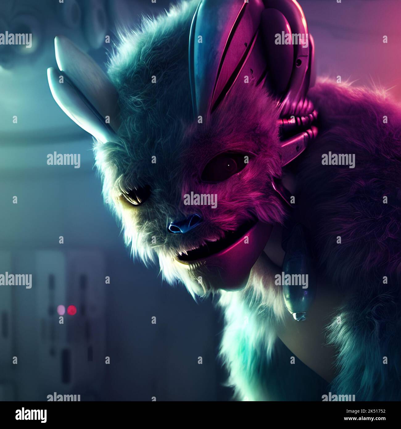 Portrait of a scary and cute furry alien pet outa space. Light is ...