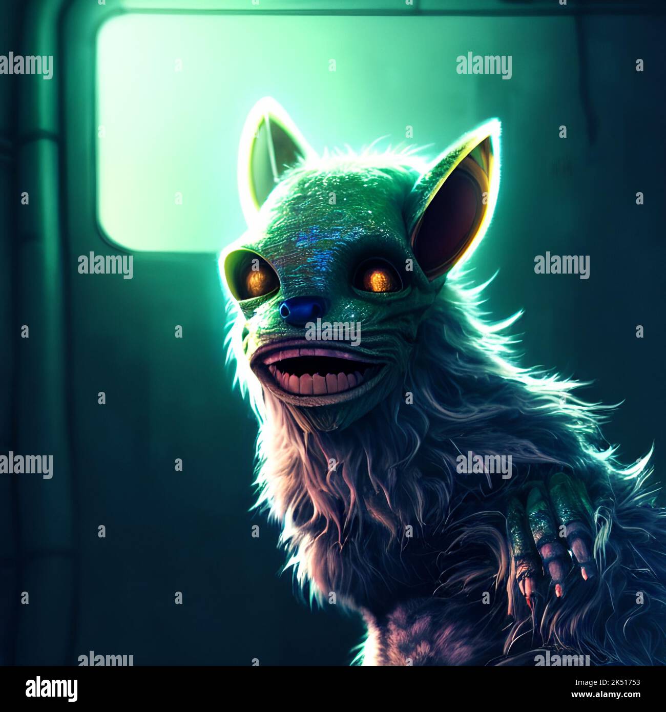 Portrait of a scary and cute furry alien pet outa space. Light is ...