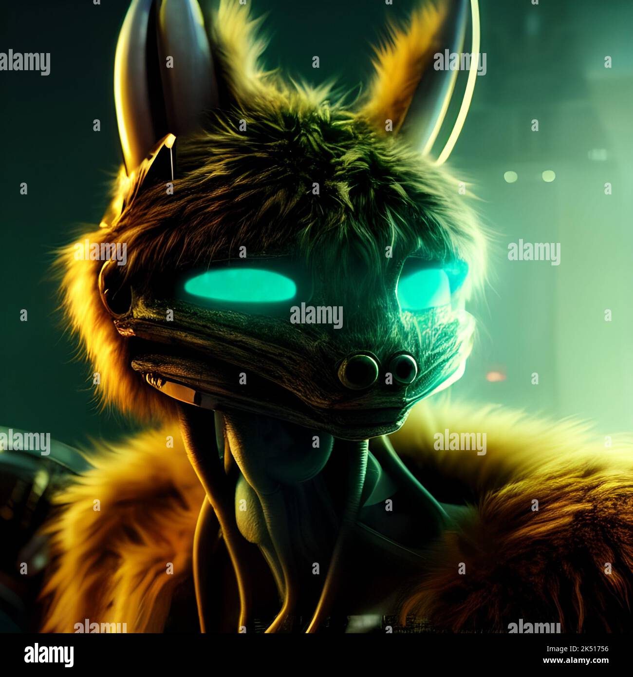 Portrait of a scary and cute furry alien pet outa space. Light is ...