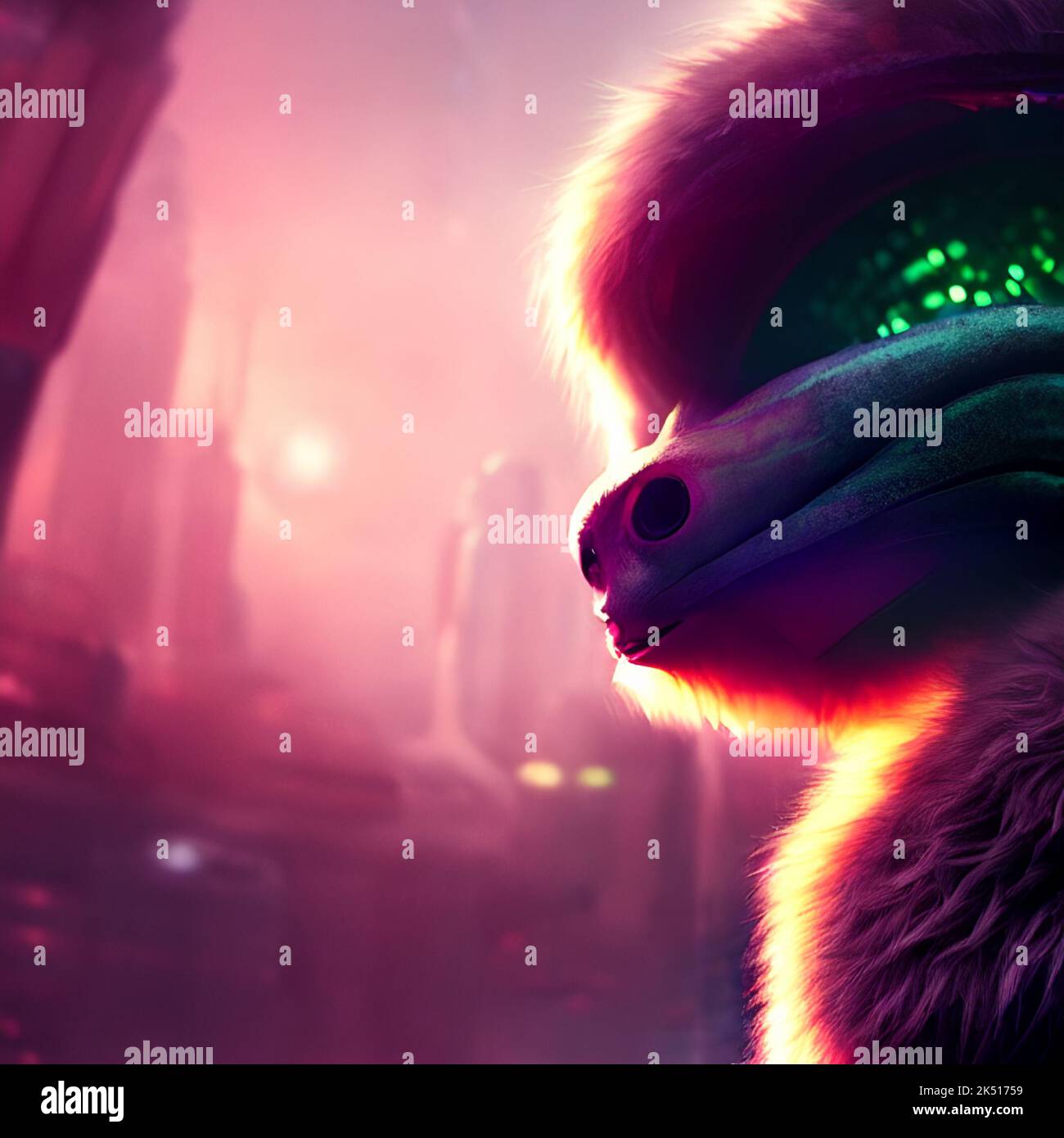 Portrait of a scary and cute furry alien pet outa space. Light is ...