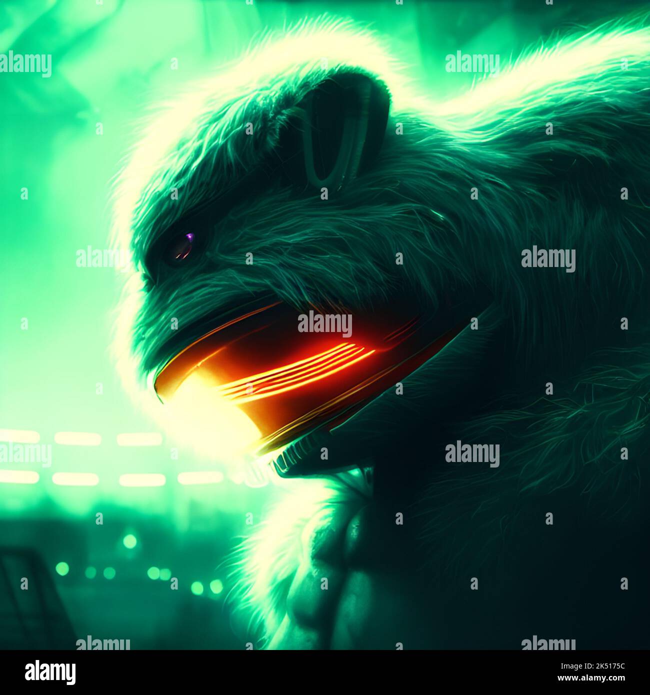 Portrait of a scary and cute furry alien pet outa space. Light is ...