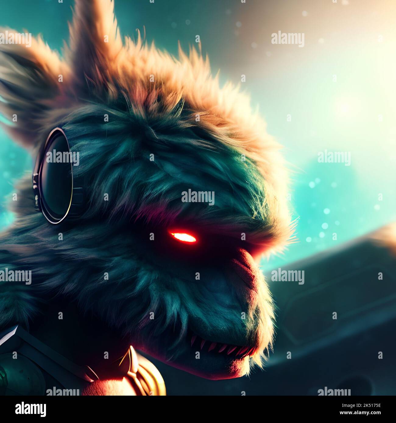 Portrait of a scary and cute furry alien pet outa space. Light is ...