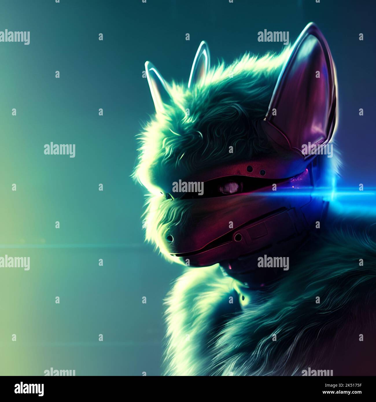 Portrait of a scary and cute furry alien pet outa space. Light is ...