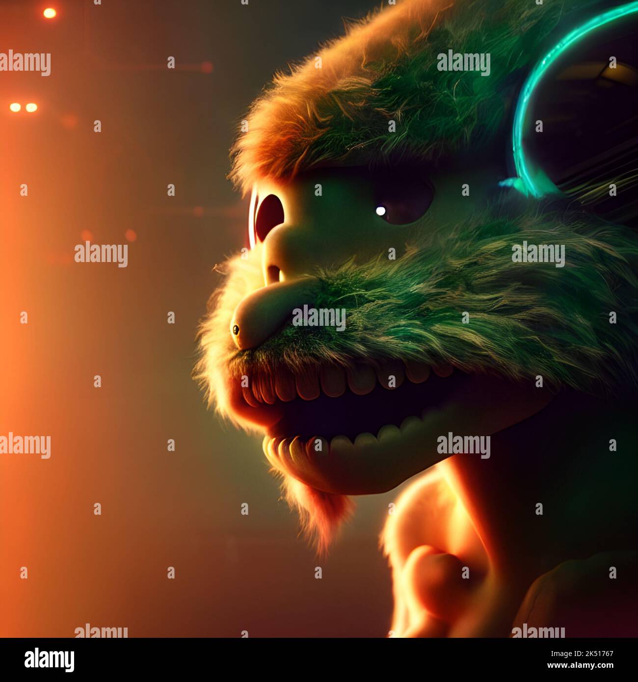 Portrait of a scary and cute furry alien pet outa space. Light is ...