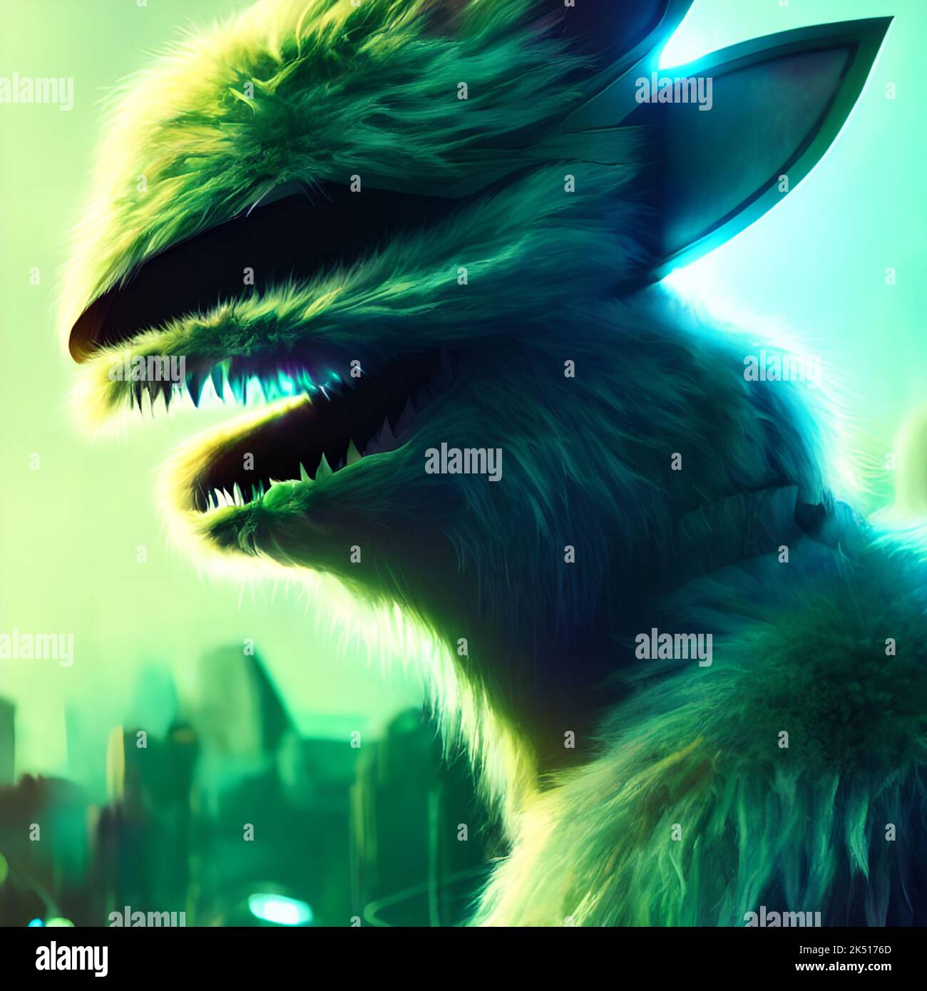 Portrait of a scary and cute furry alien pet outa space. Light is ...