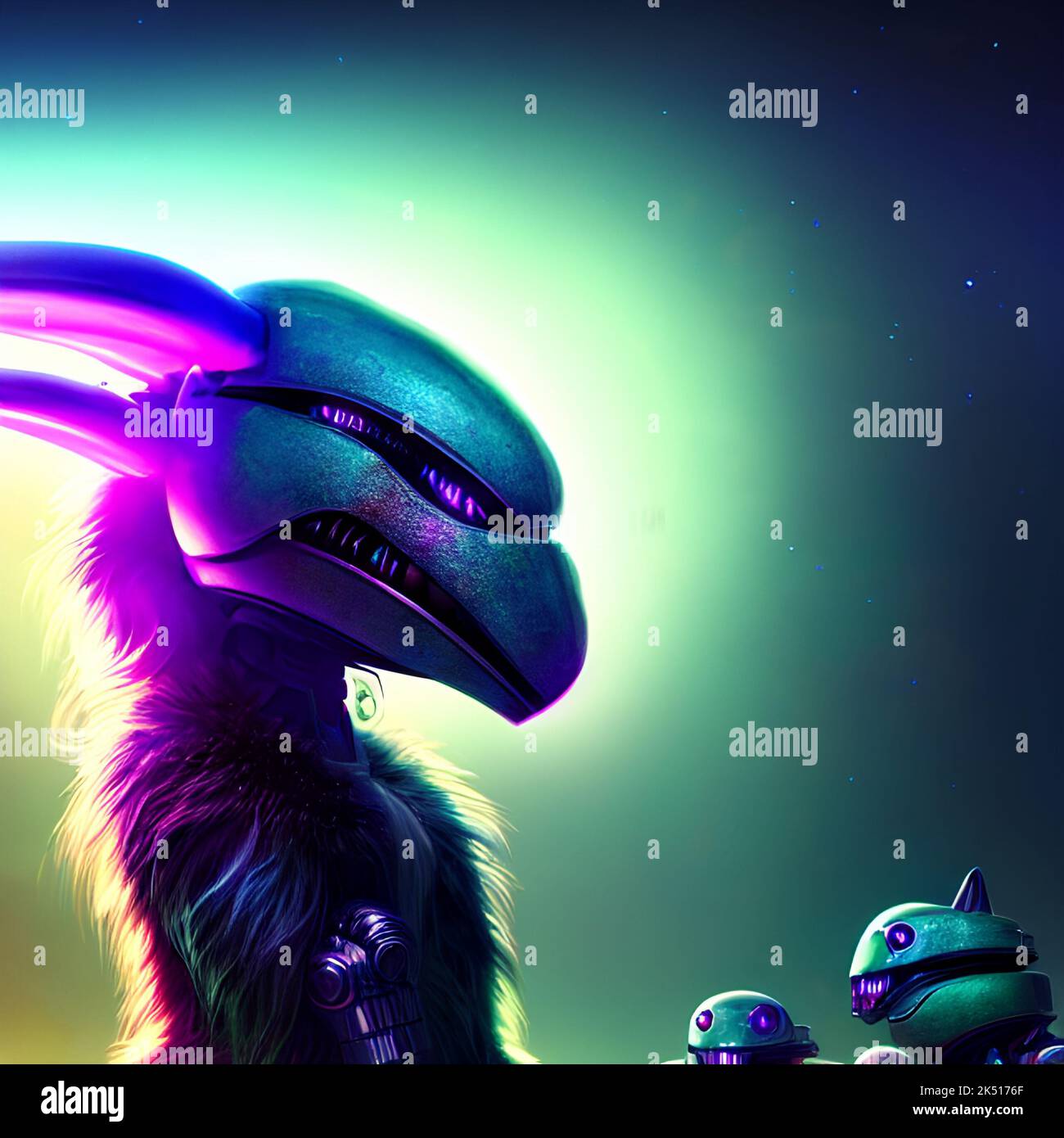 Portrait of a scary and cute furry alien pet outa space. Light is ...