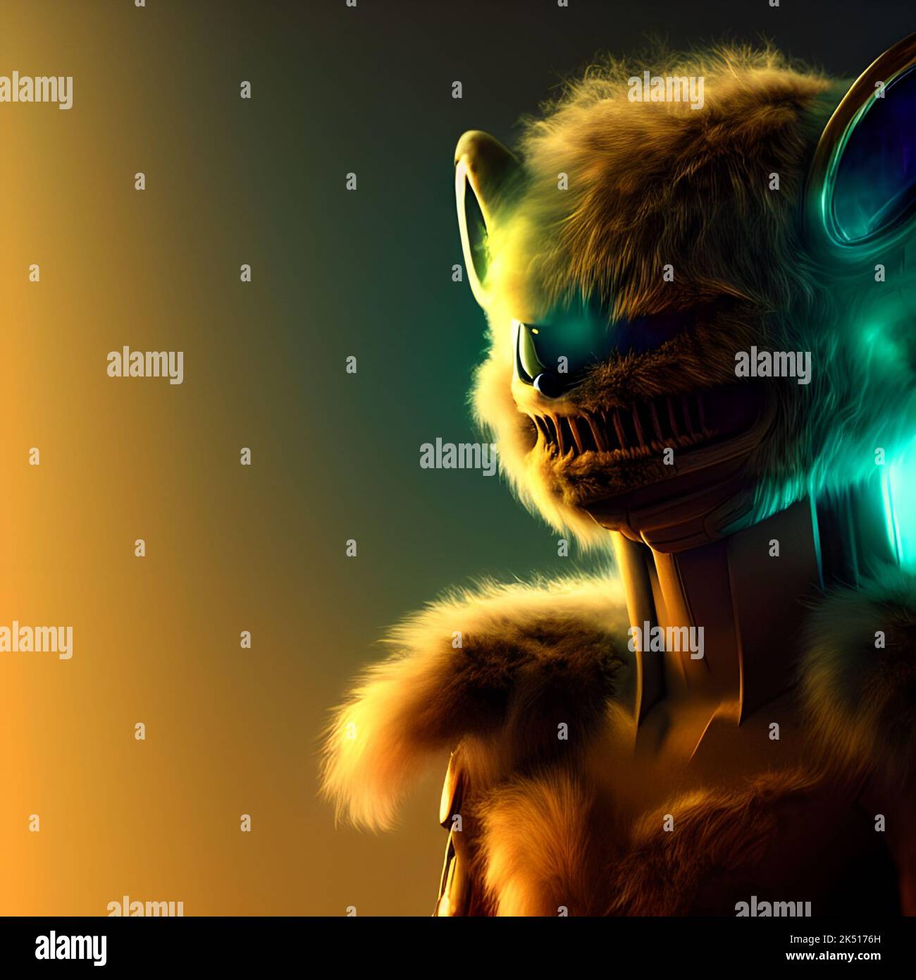 Portrait of a scary and cute furry alien pet outa space. Light is ...