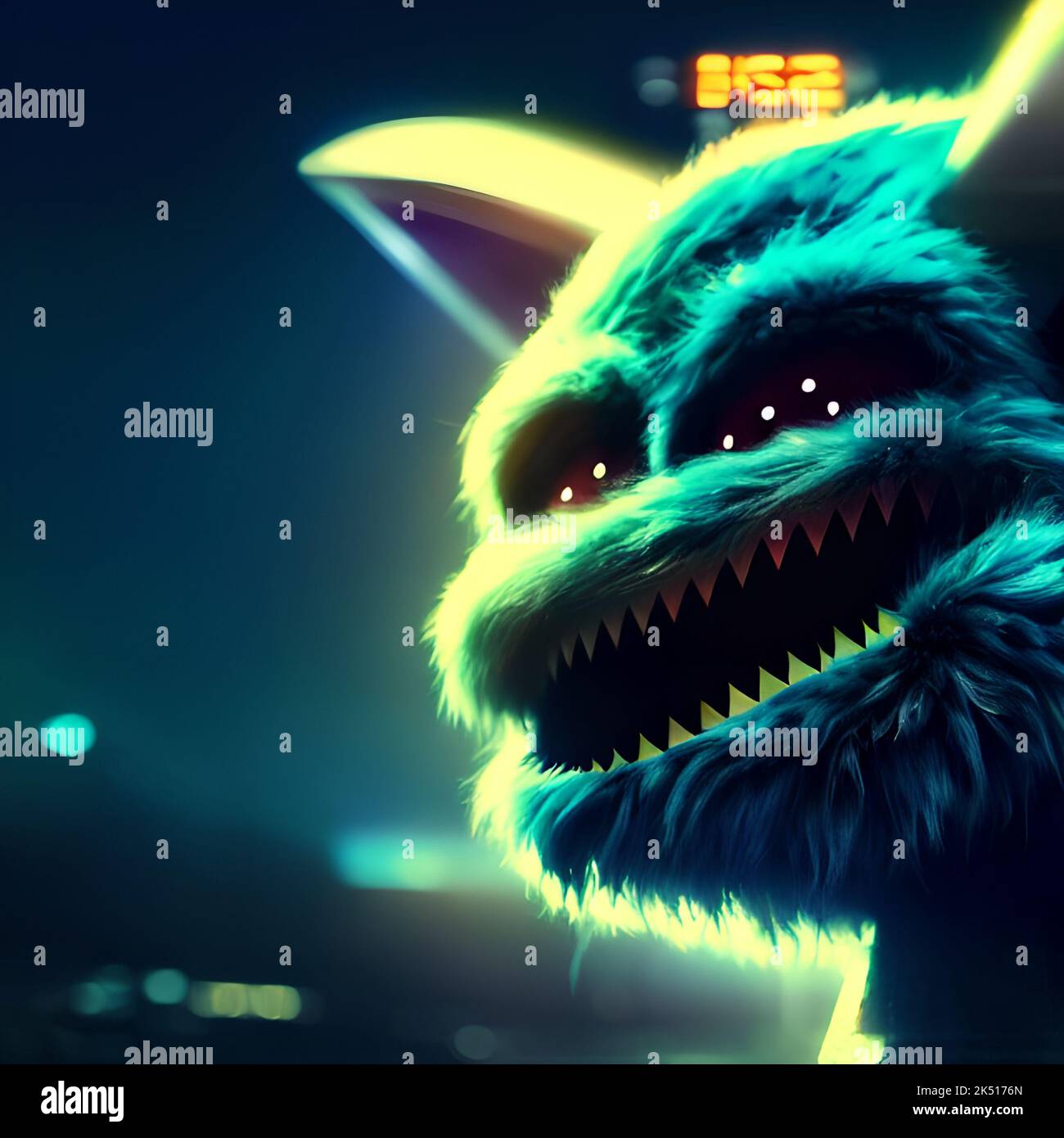 Portrait of a scary and cute furry alien pet outa space. Light is ...