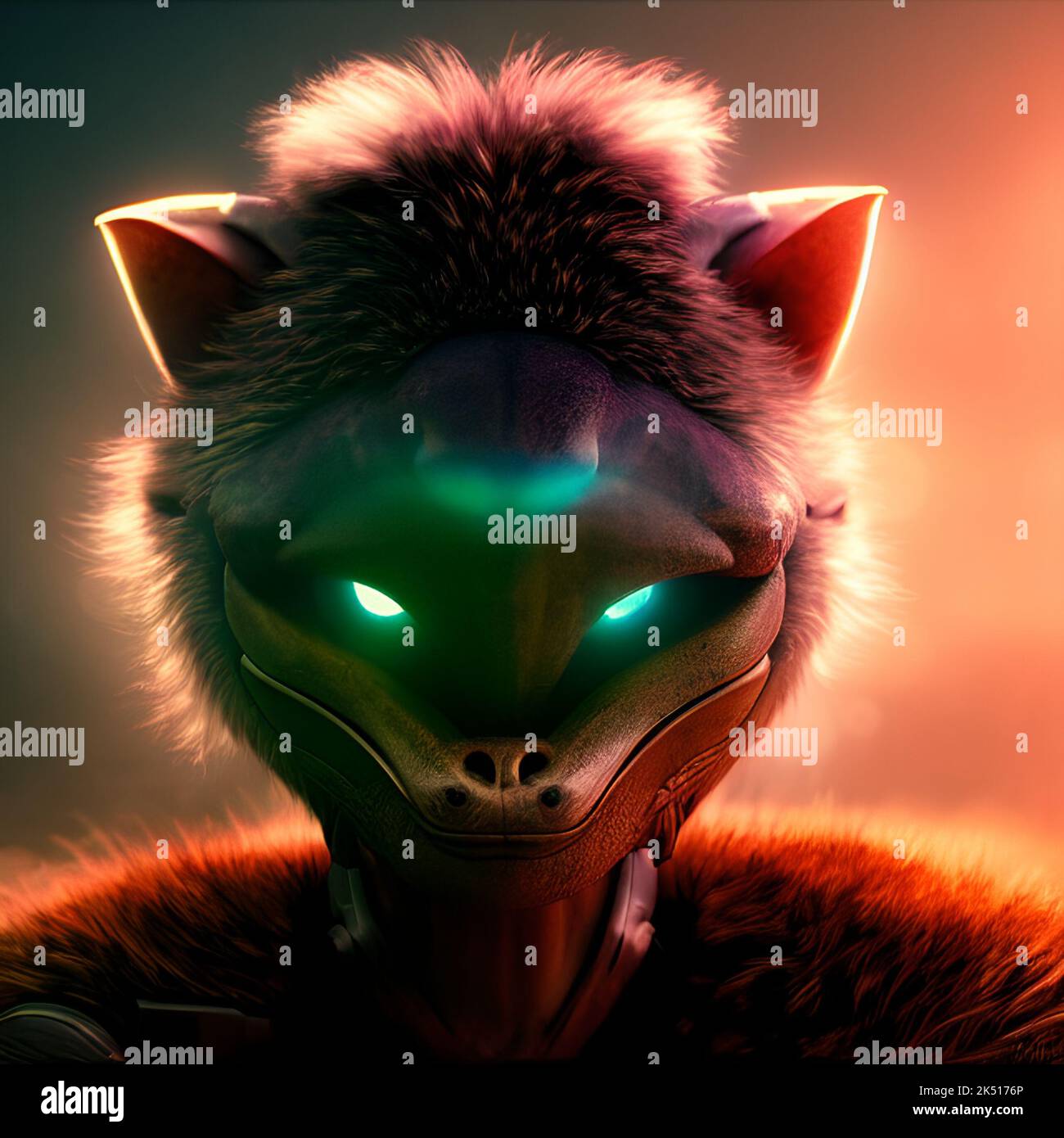 Portrait of a scary and cute furry alien pet outa space. Light is ...