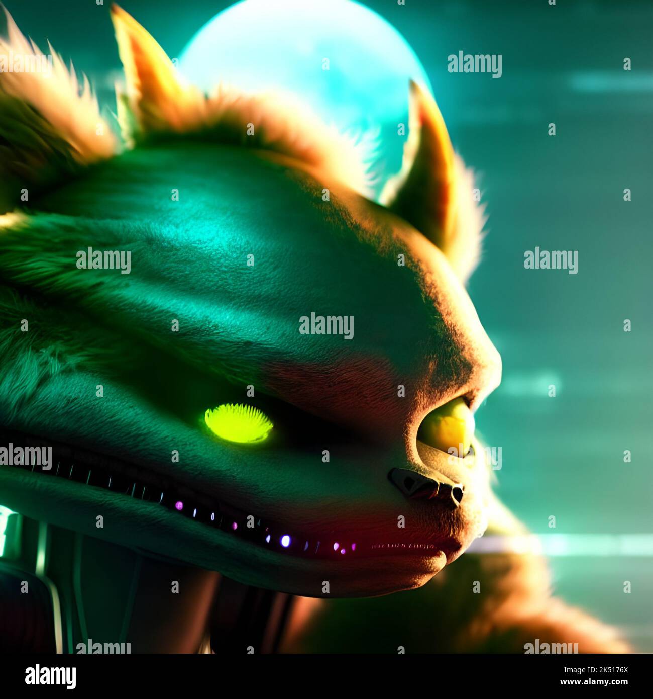 Portrait of a scary and cute furry alien pet outa space. Light is ...