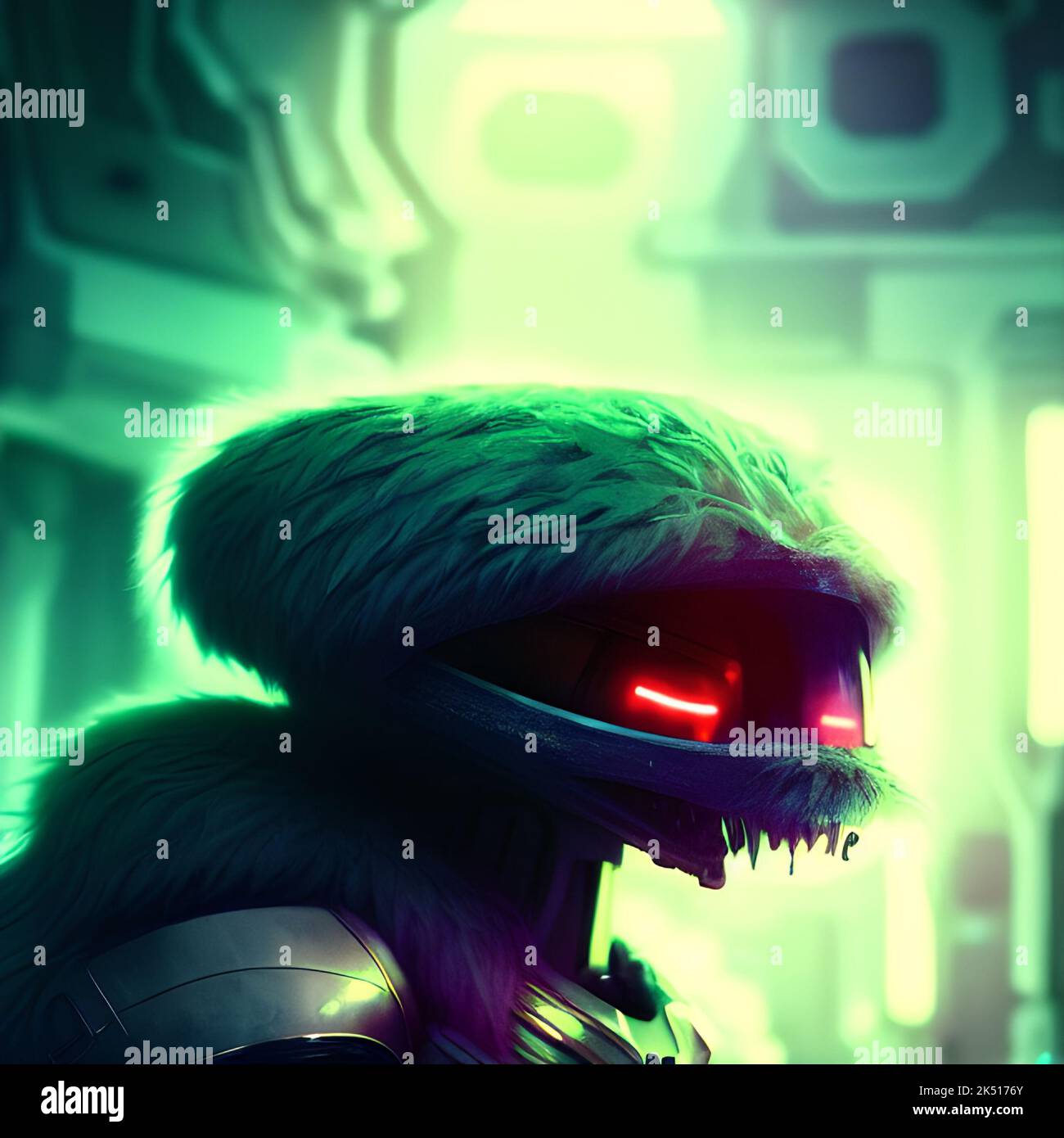 Portrait of a scary and cute furry alien pet outa space. Light is ...