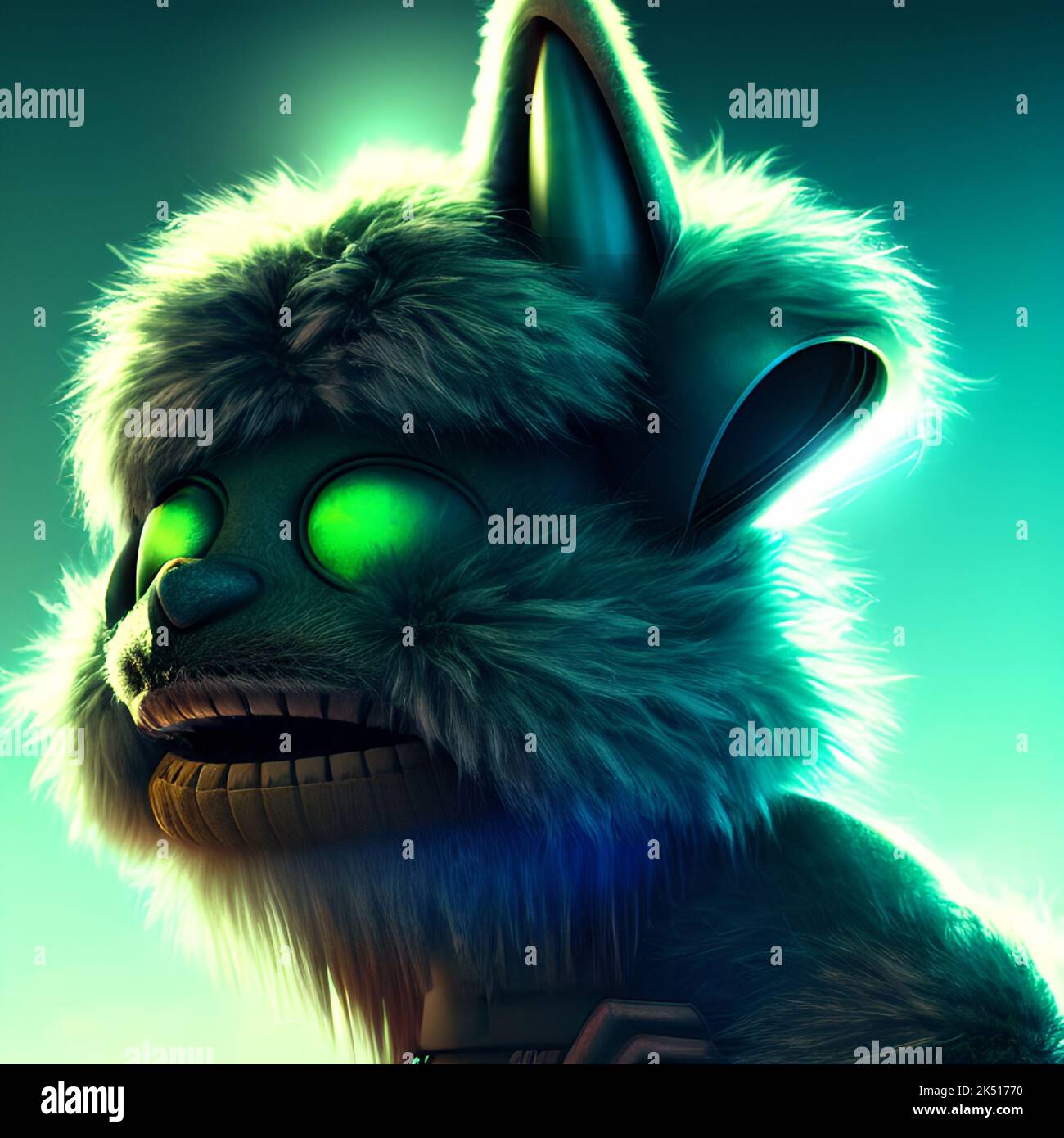 Portrait of a scary and cute furry alien pet outa space. Light is ...