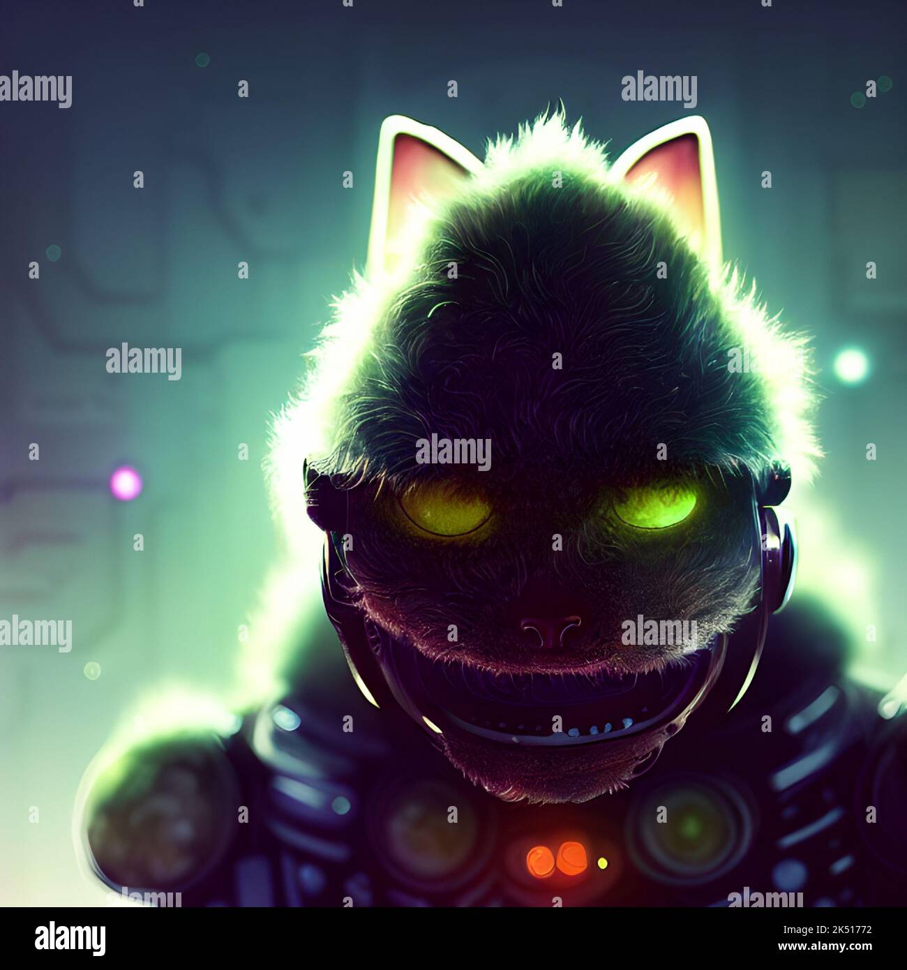 Portrait of a scary and cute furry alien pet outa space. Light is ...