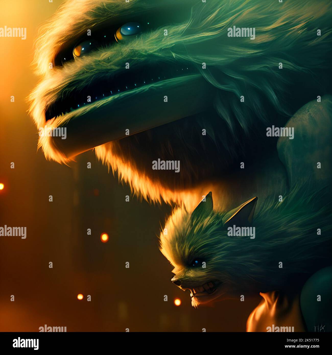 Portrait of a scary and cute furry alien pet outa space. Light is ...