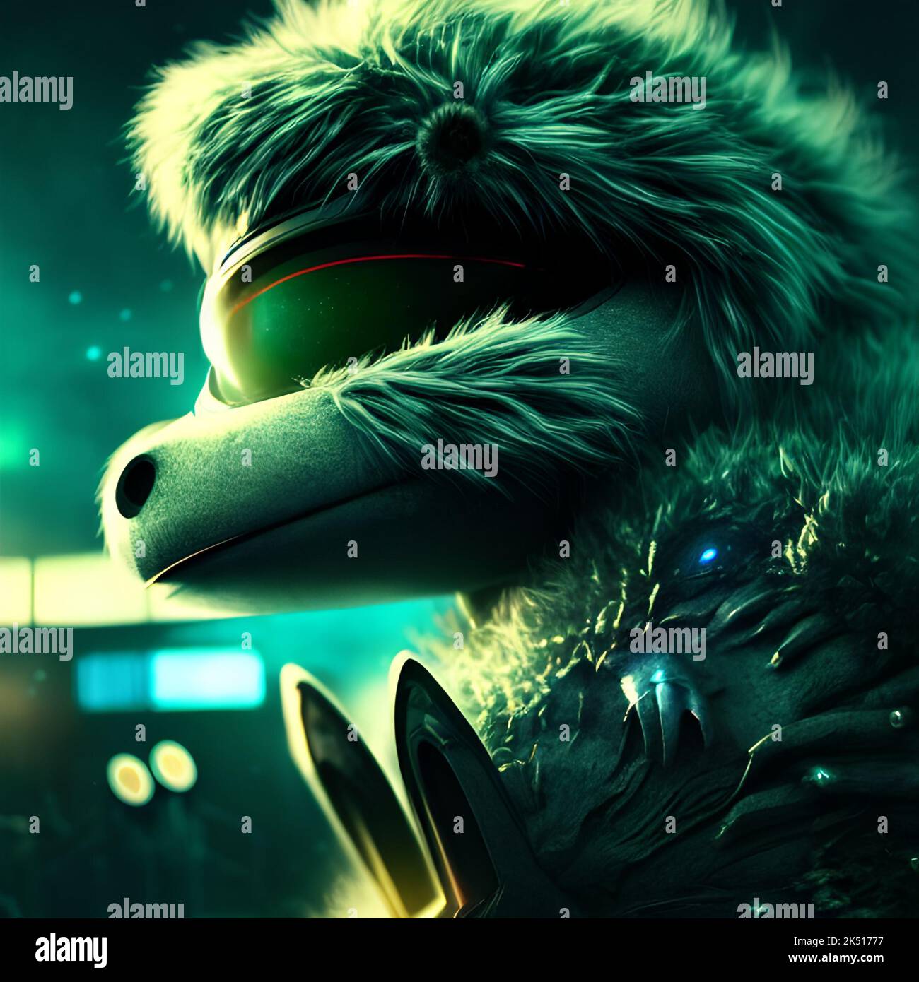 Portrait of a scary and cute furry alien pet outa space. Light is ...