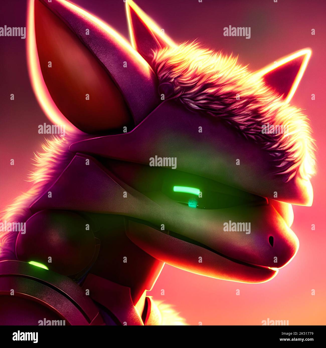 Portrait of a scary and cute furry alien pet outa space. Light is ...