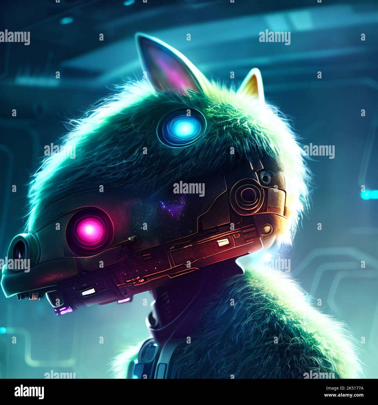 Portrait of a scary and cute furry alien pet outa space. Light is ...