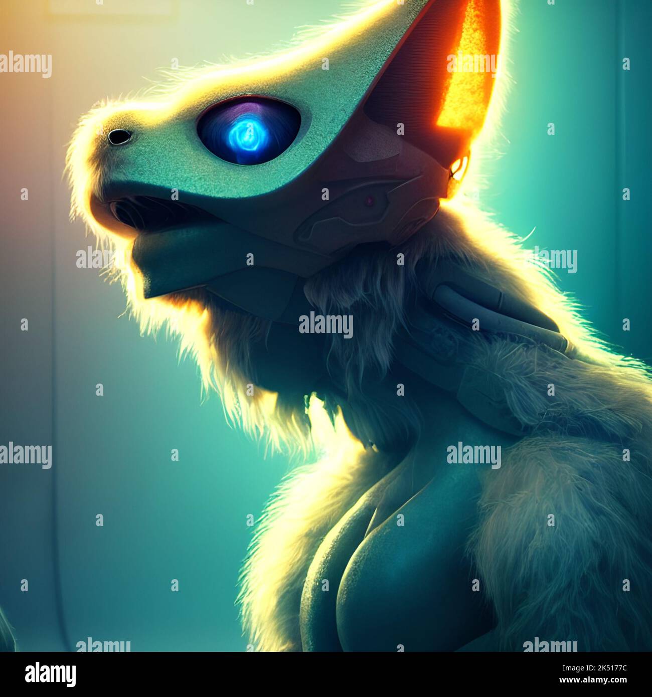 Portrait of a scary and cute furry alien pet outa space. Light is ...