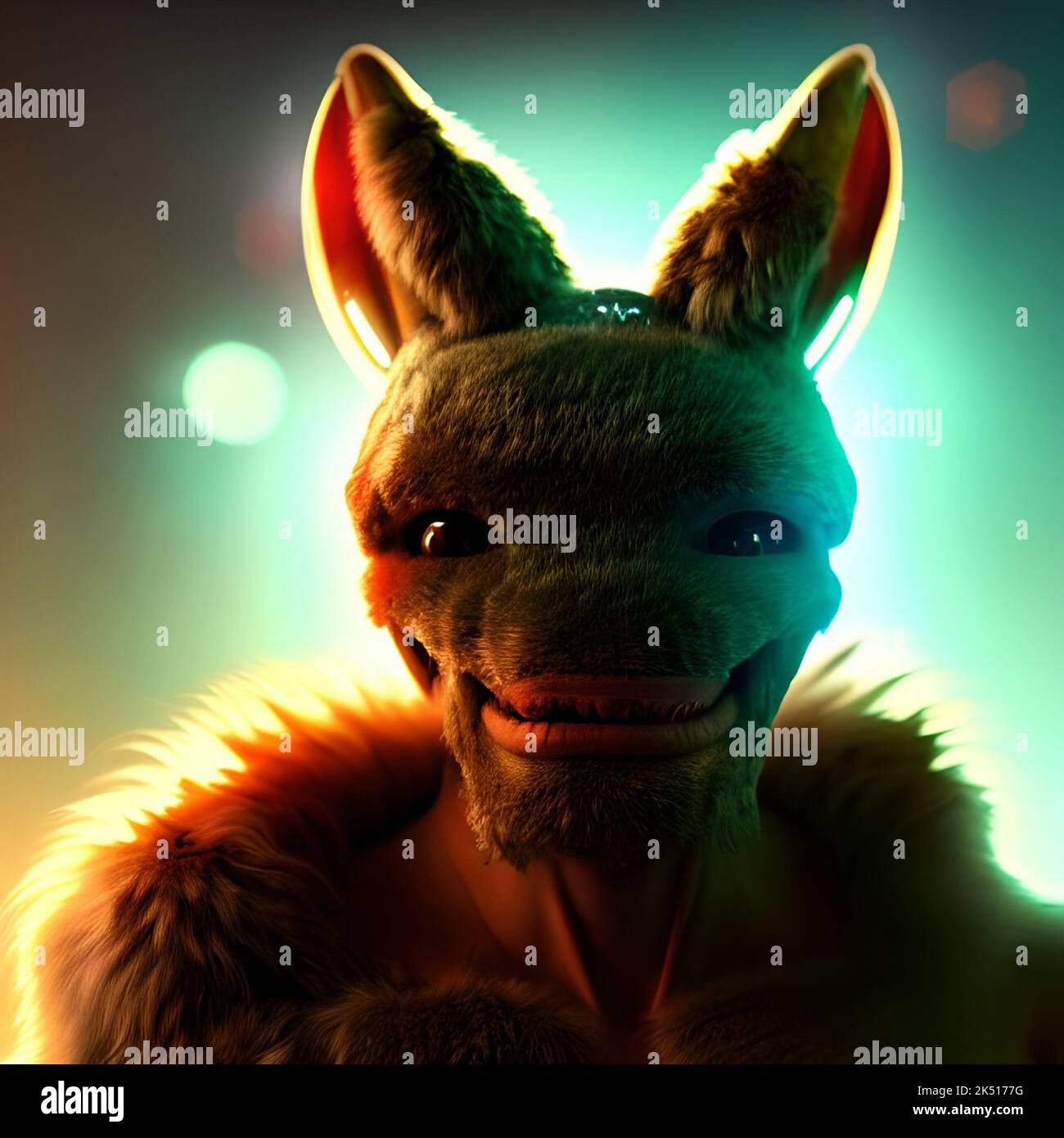 Portrait of a scary and cute furry alien pet outa space. Light is ...