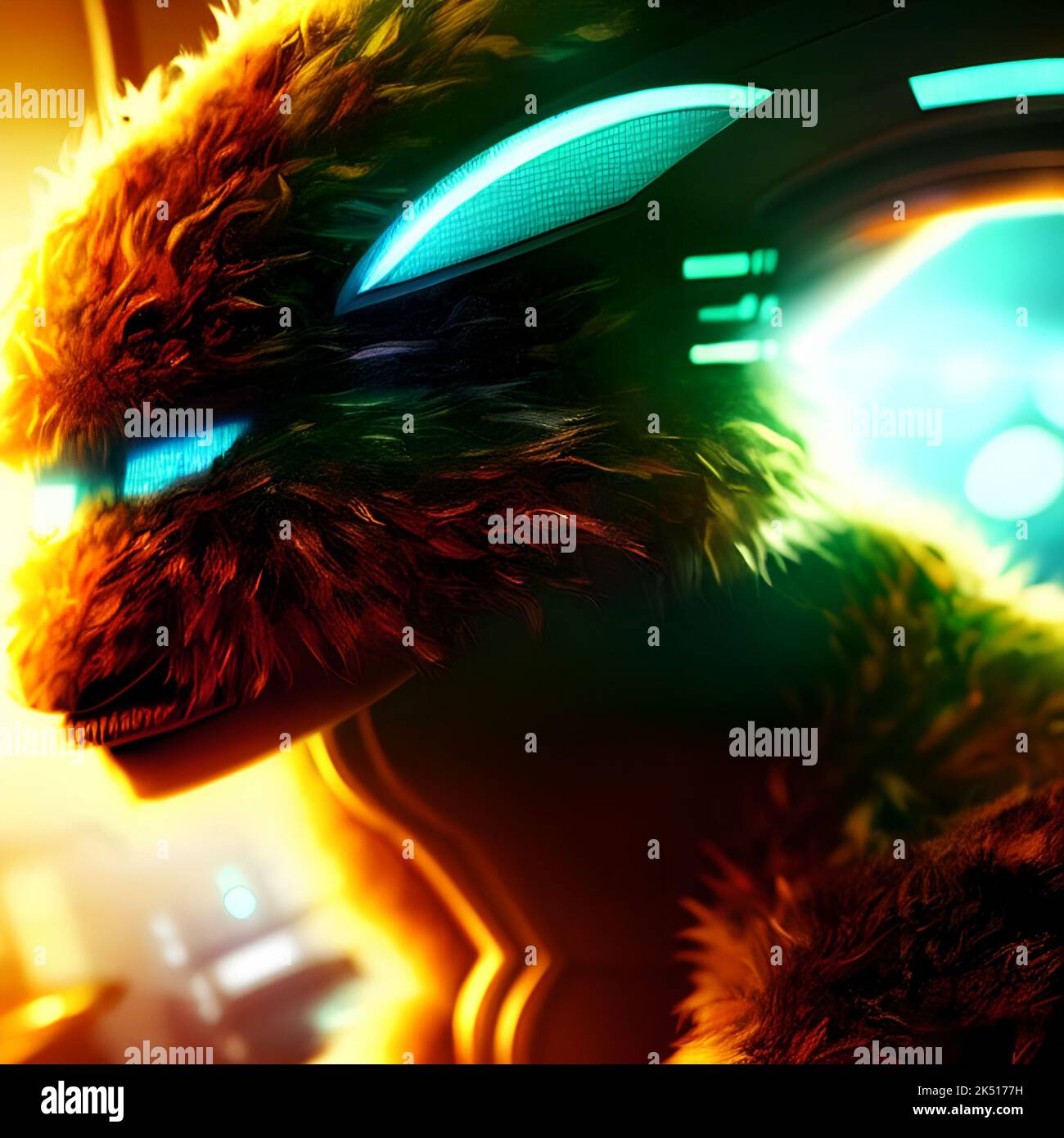 Portrait of a scary and cute furry alien pet outa space. Light is ...