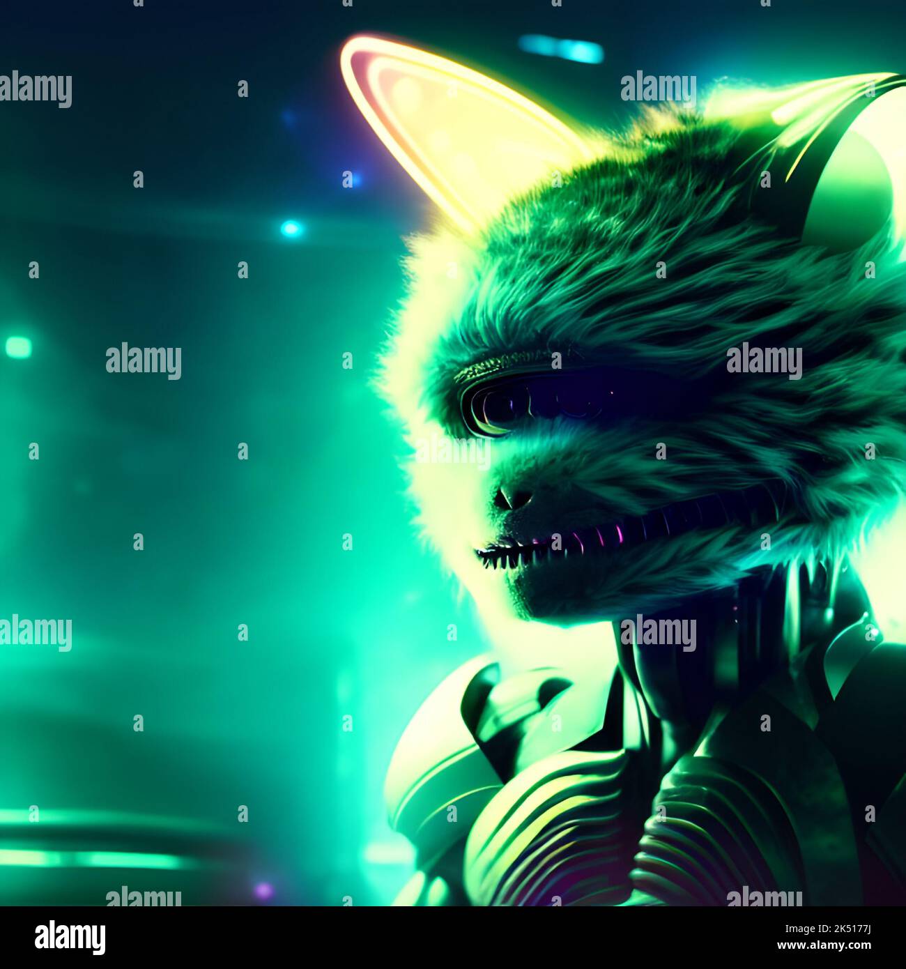 Portrait of a scary and cute furry alien pet outa space. Light is ...