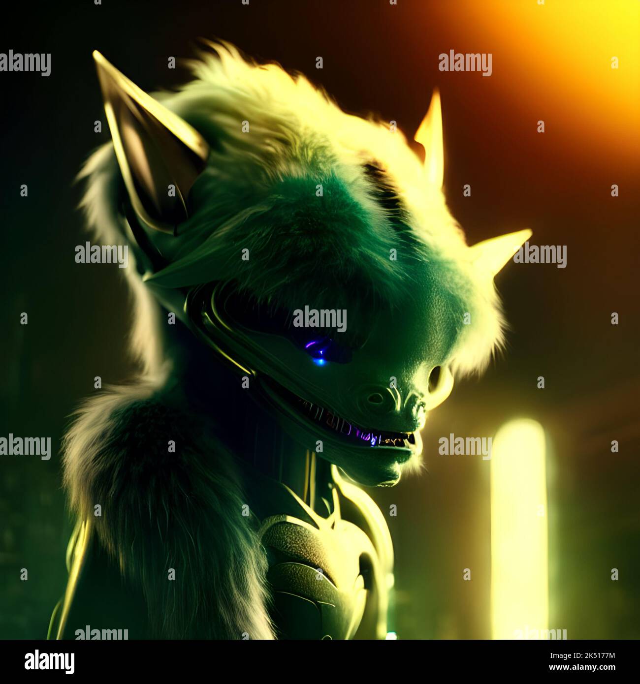 Portrait of a scary and cute furry alien pet outa space. Light is ...