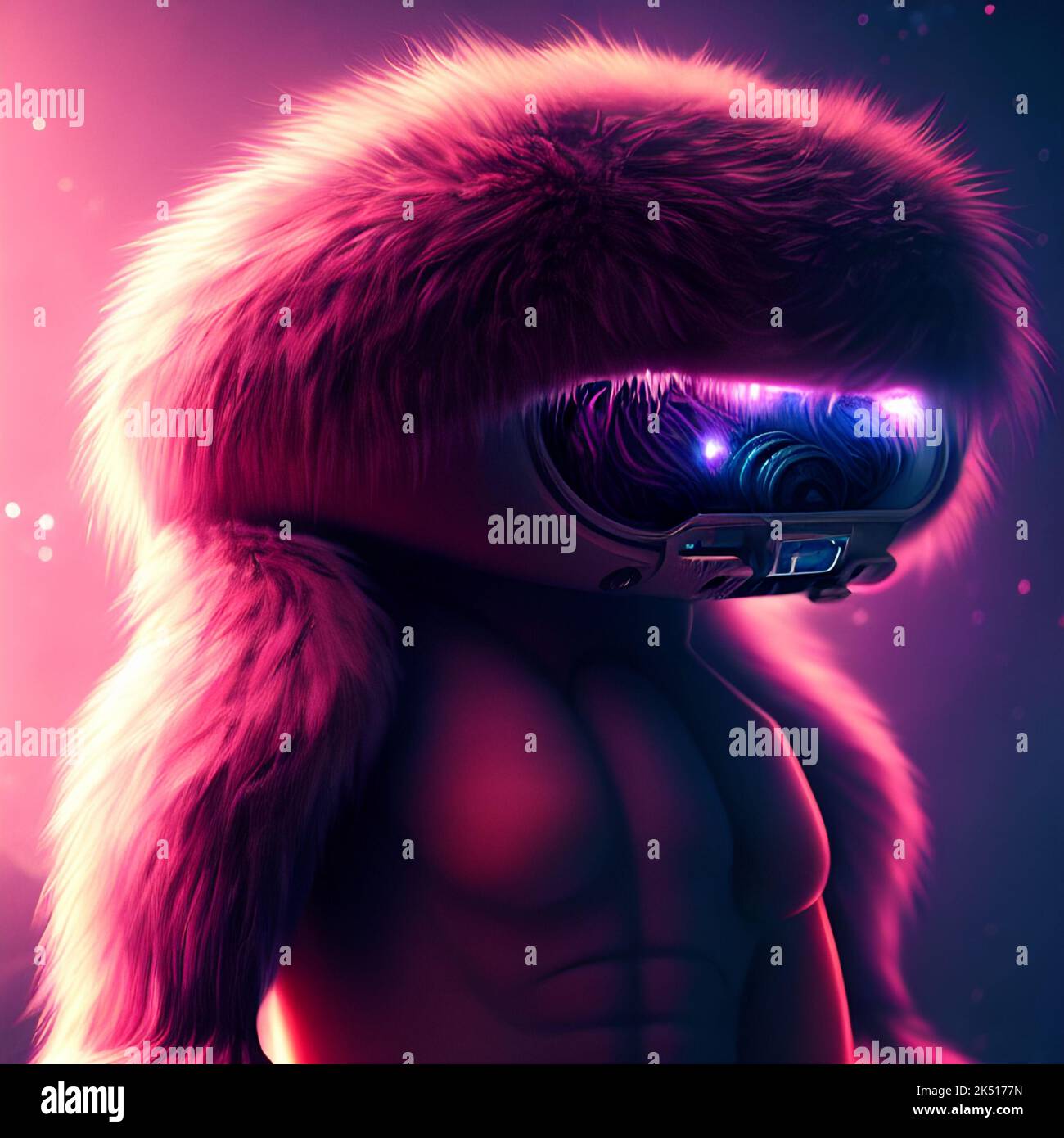 Portrait of a scary and cute furry alien pet outa space. Light is ...