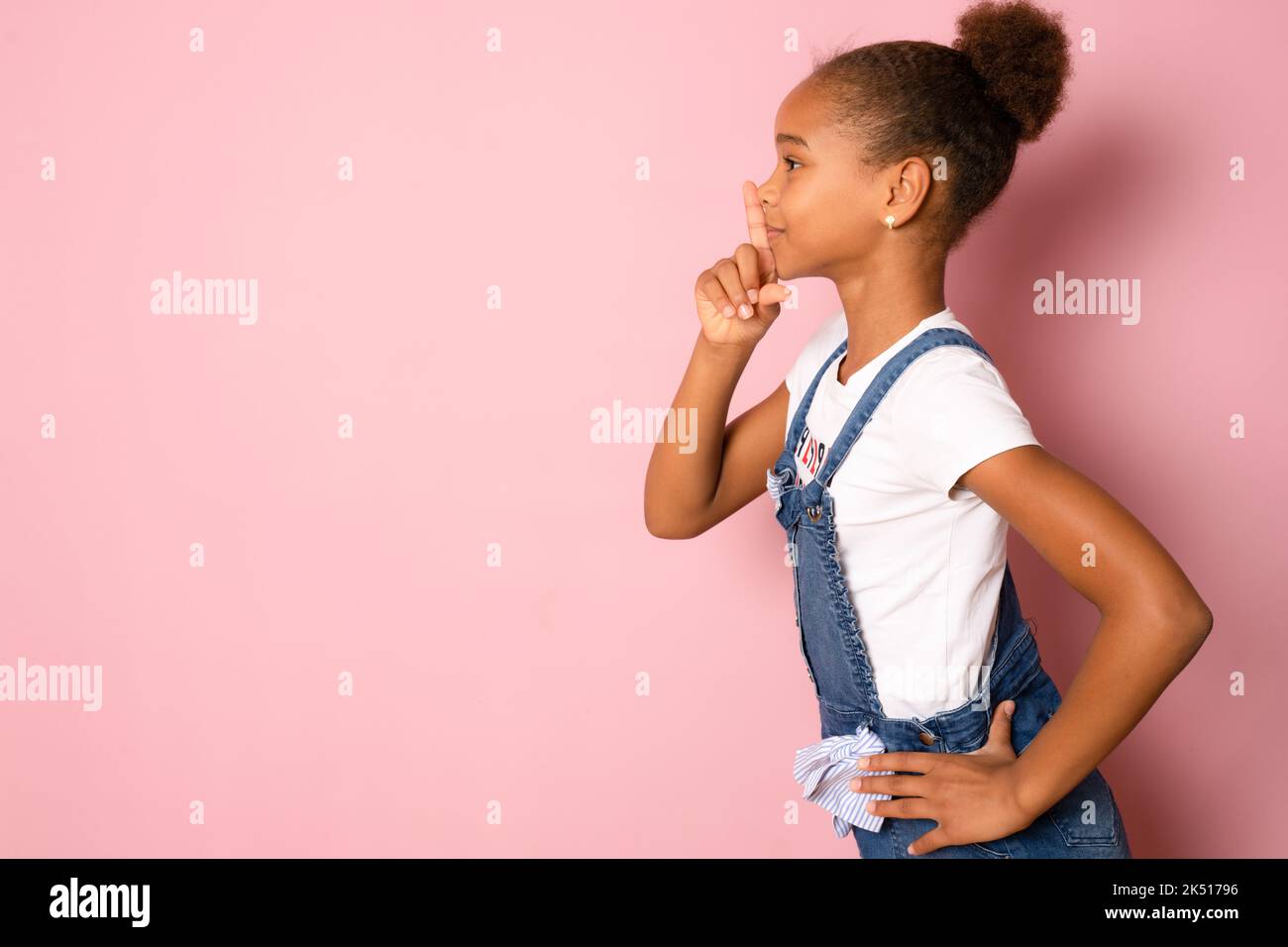 Closeup side view profile portrait of pretty young girl placing fingers ...
