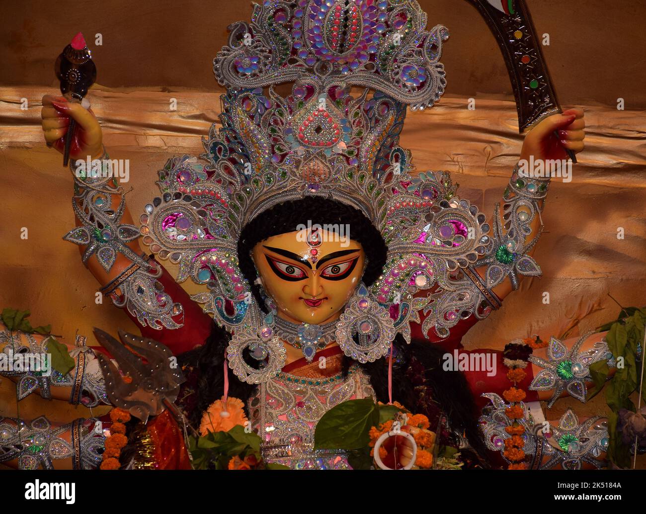 Goddess Durga idol front angle shot at a pandal during Durga puja ...