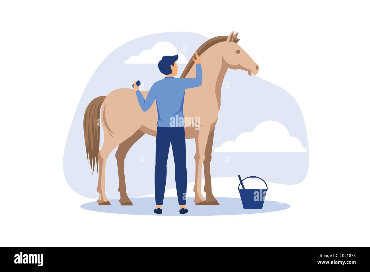 Man With Rag in Hand Washes Rudy Horse. Horses at Farm. Equestrian ...