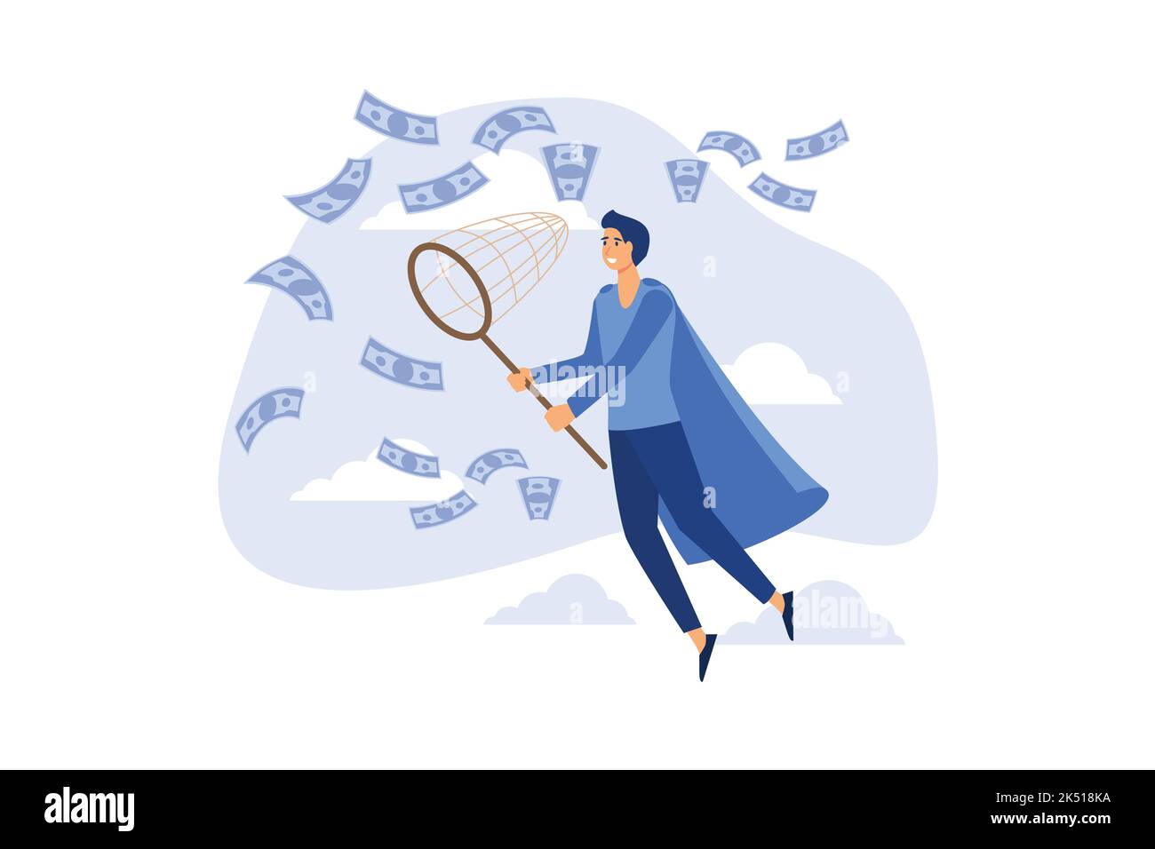 Businessman trying to catch flying money with a butterfly net. Happy ... Businessman trying to catch flying money with a butterfly net. Happy ...