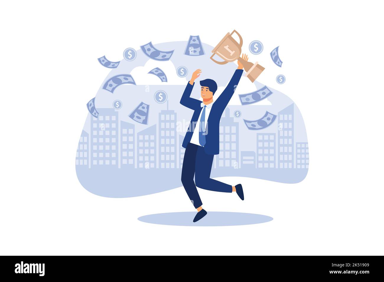 Happy business man jumping under money rain with Golden Trophy Cup ...