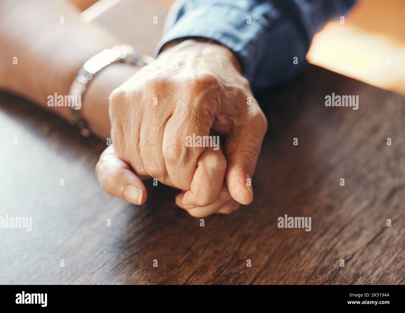 Marriage senior couple holding hands in for support, mental health and ...