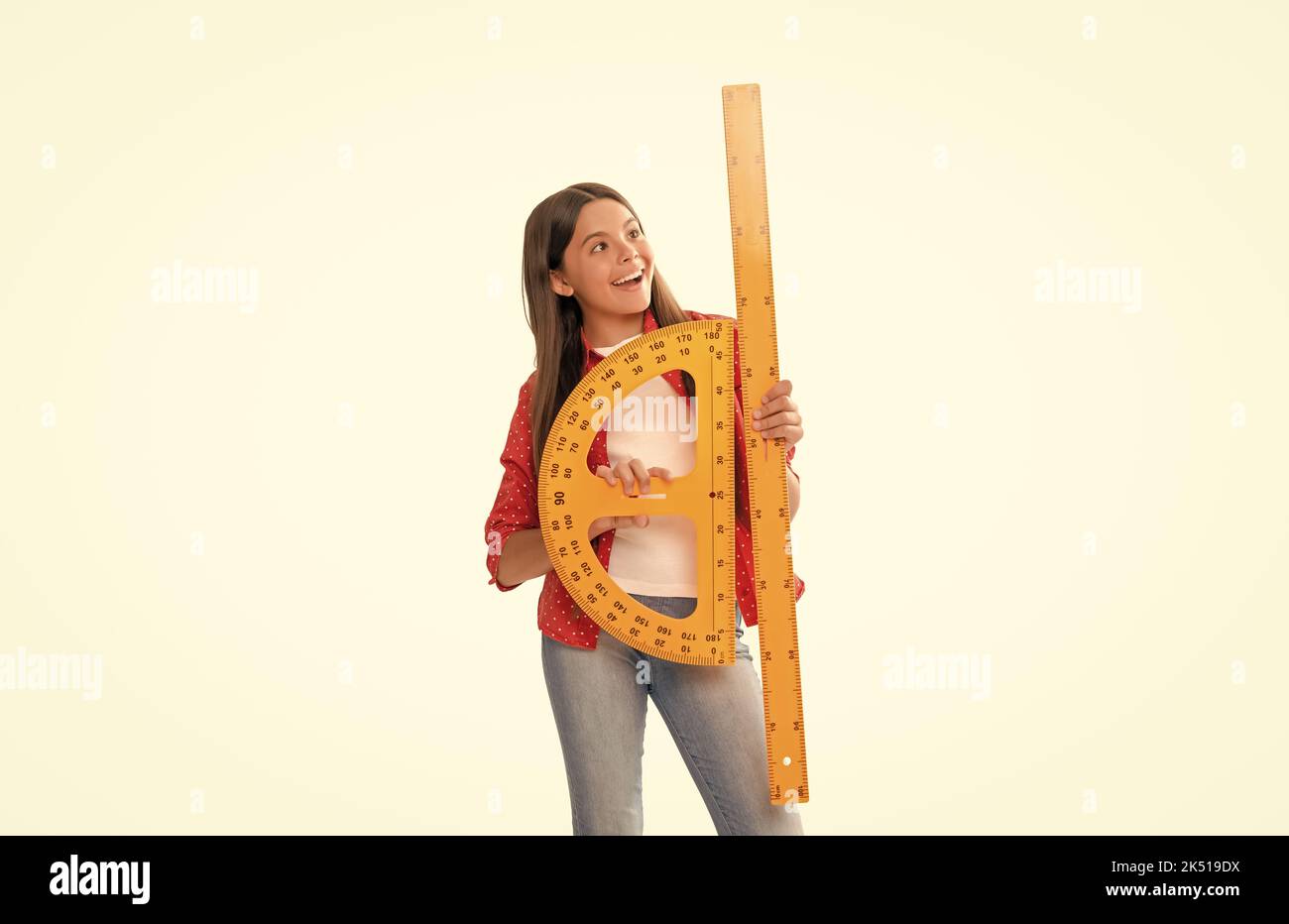 happy child hold protractor ruler study algebra at school isolated on ...