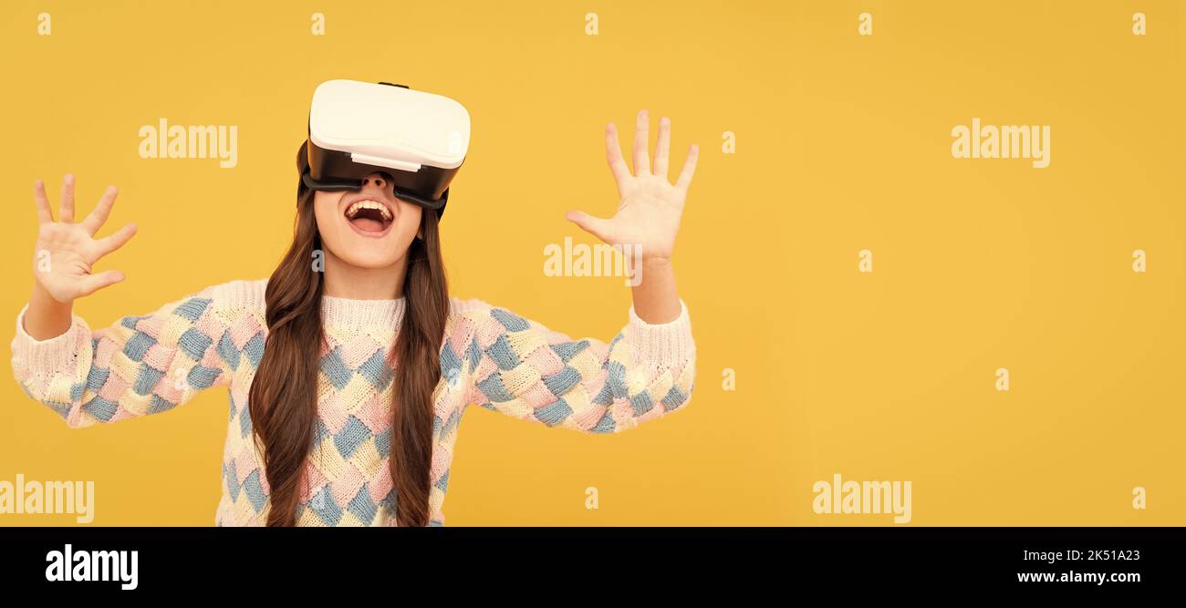 happy teen girl wear vr glasses using future technology for education ...