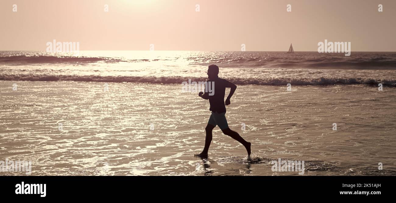 Man running and jumping, banner with copy space. athletic man runner ...