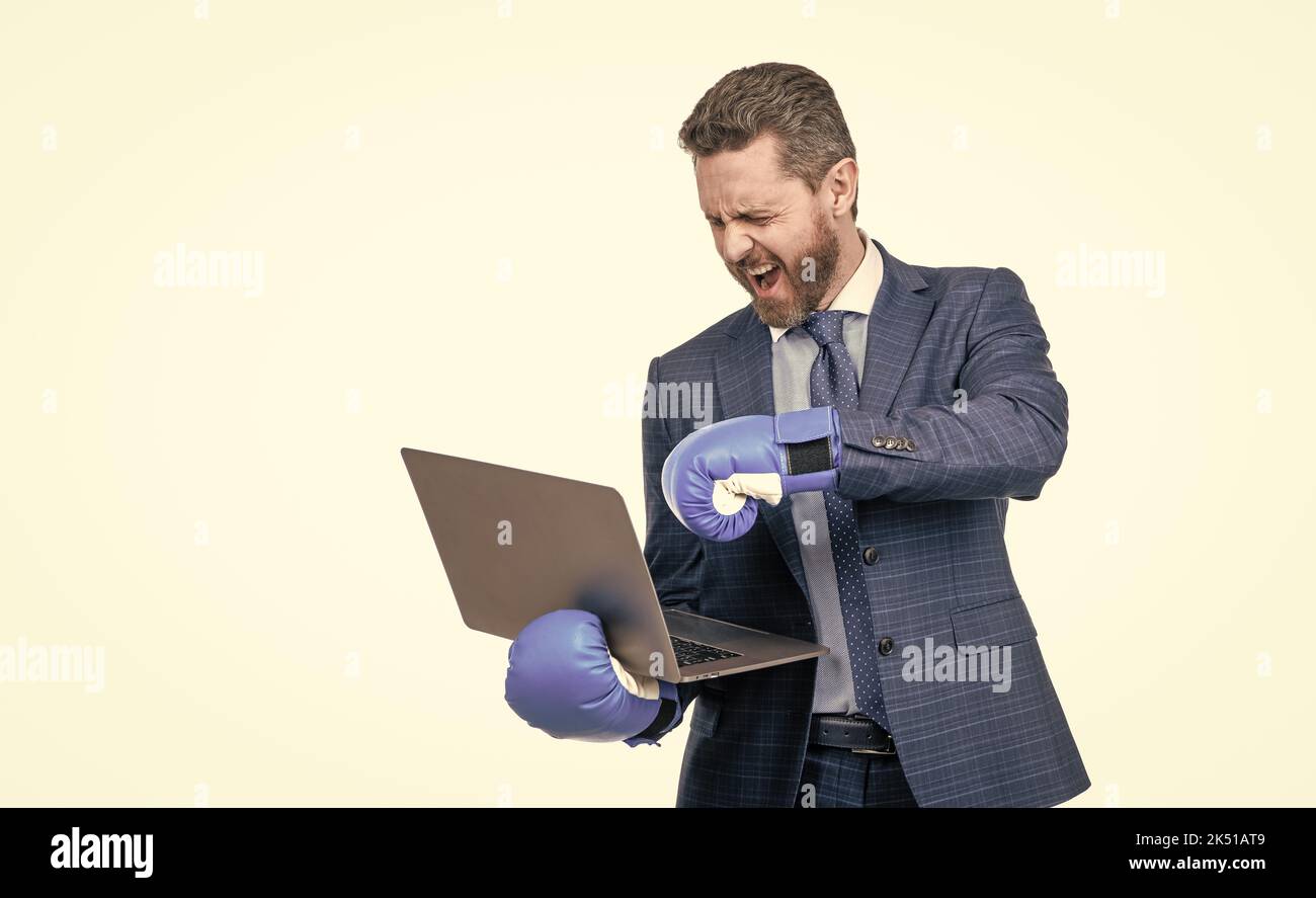 man boss punch laptop in boxing gloves. anger management. cyber ...