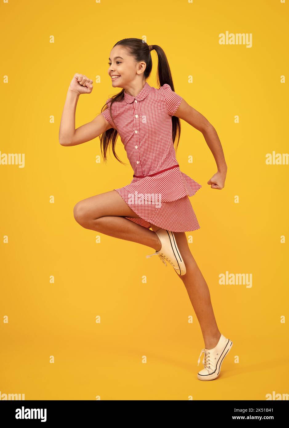 Full length overjoyed teenager kid girl 12 13 14 year jumping old ...