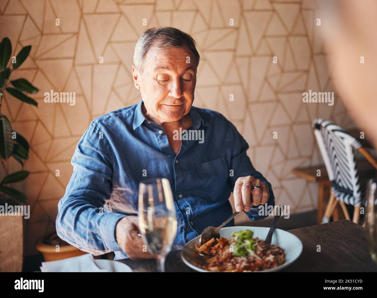 Senior man eating healthy and nutrition food at restaurant happy ...