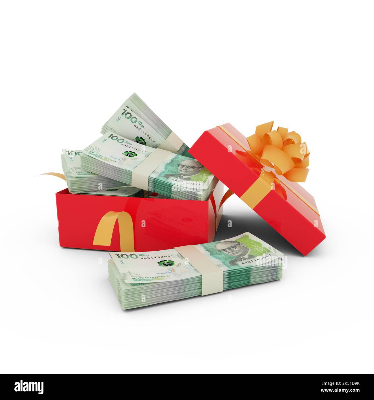 Stack of Colombian peso notes inside an open red gift box. Bundles of ...