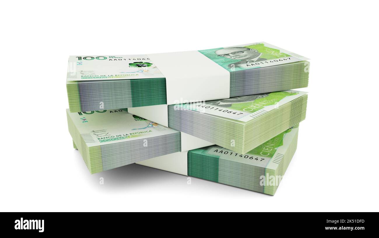 3d rendering of Stack of Colombian peso notes. Few bundles of Colombian ...